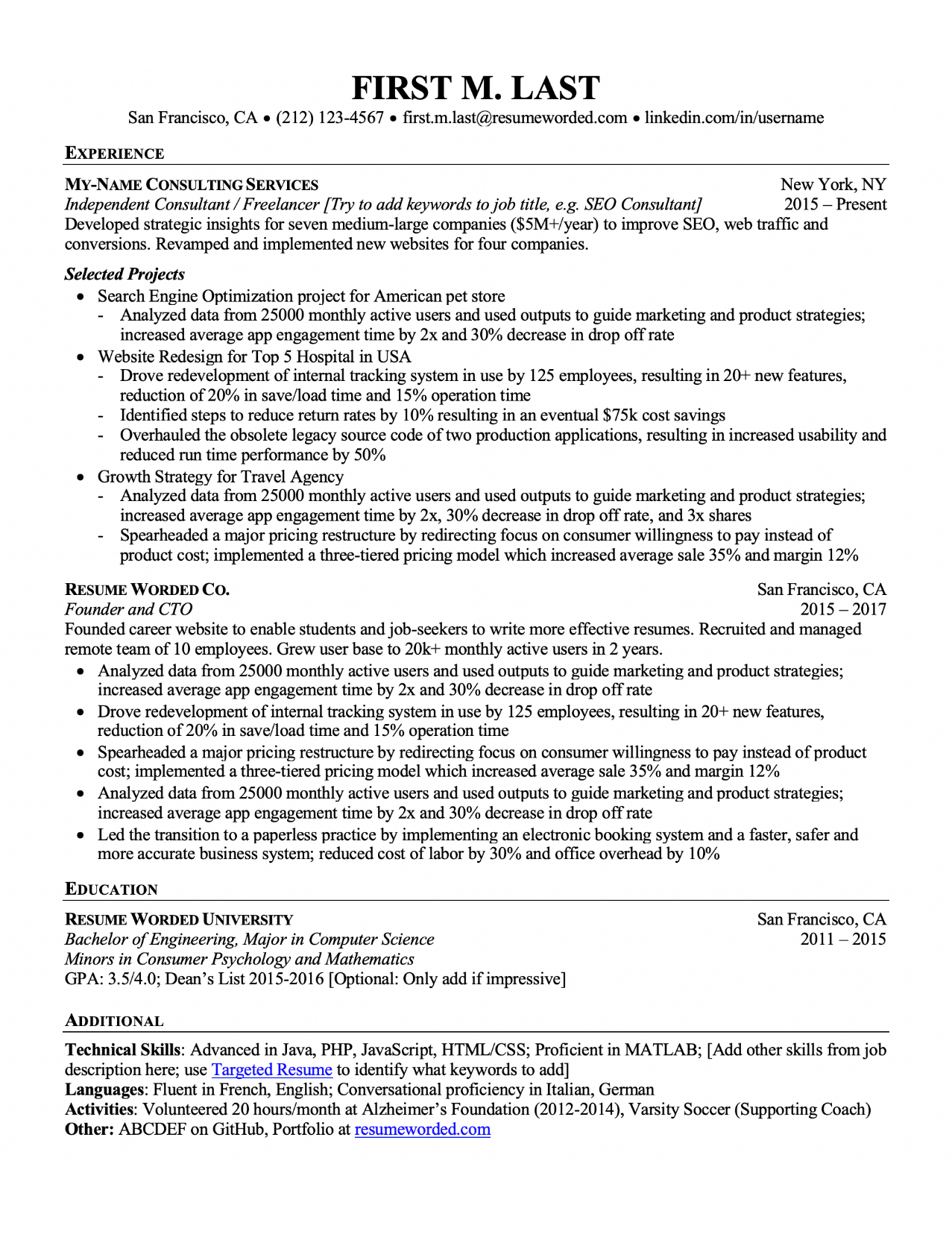Professional ATS Resume Templates For Experienced Hires And College Students Or Grads For Free 