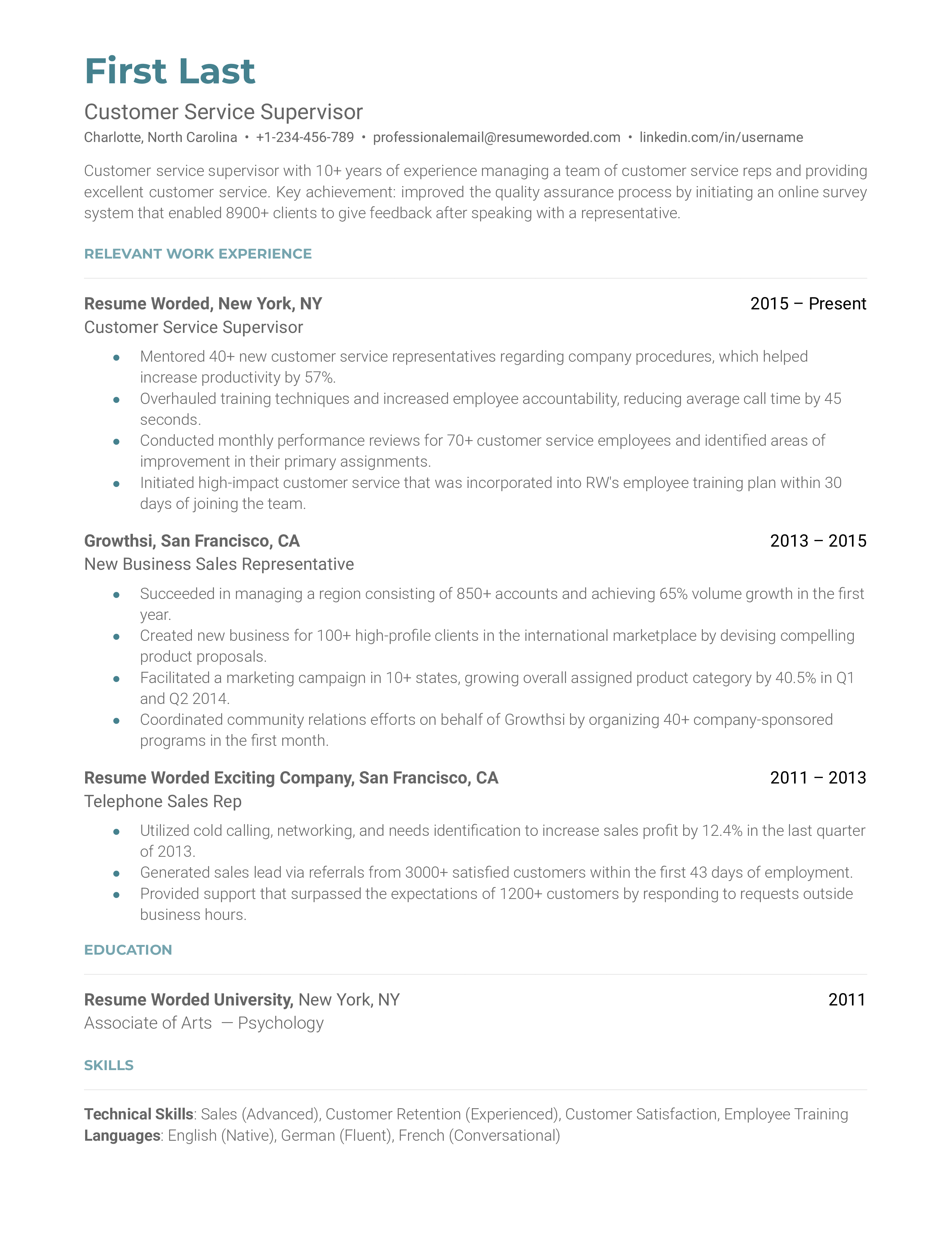Customer Service Supervisor Resume Examples For 2023 Resume Worded