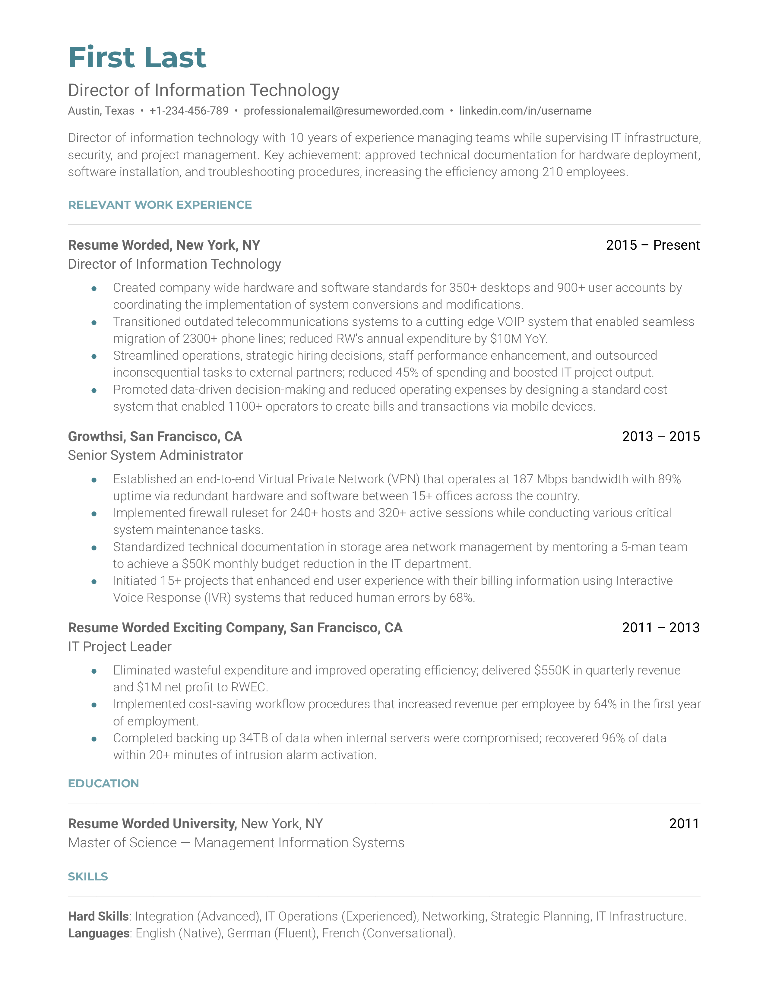 Senior Director Of Technology Resume Example For 2023 Resume Worded