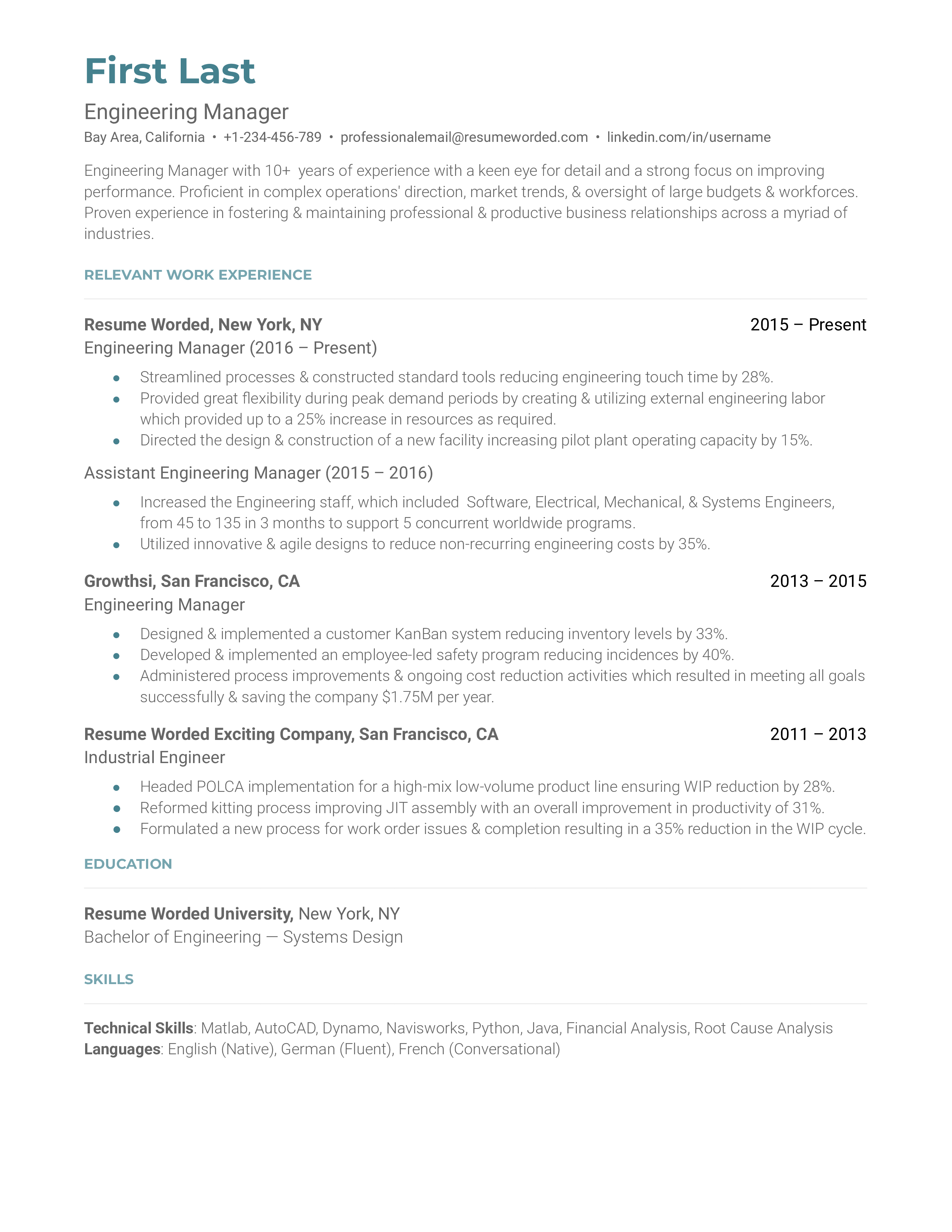 Engineering Manager Resume Example For 2023 Resume Worded