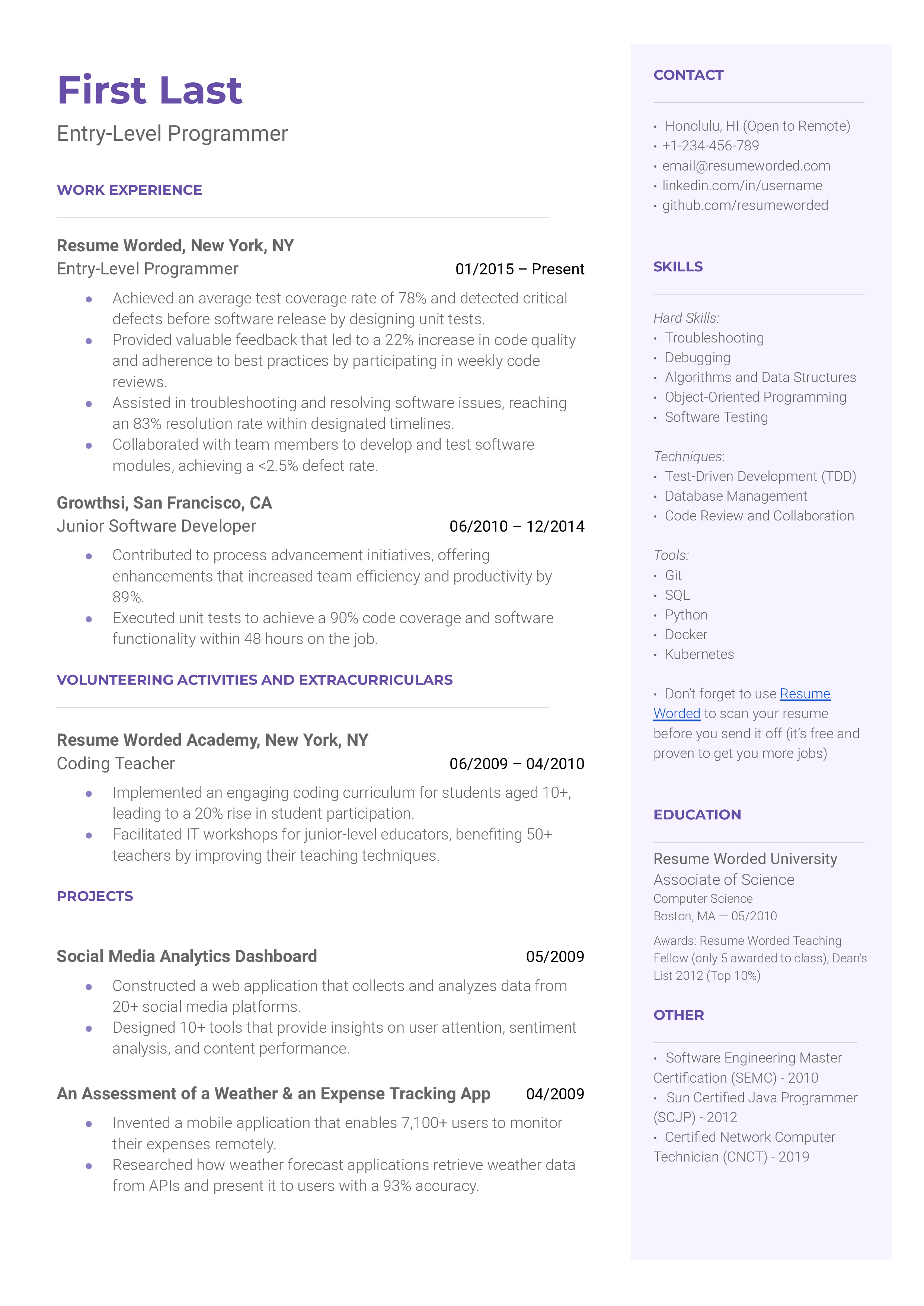 Entry Level Programmer Resume Example For 2023 Resume Worded