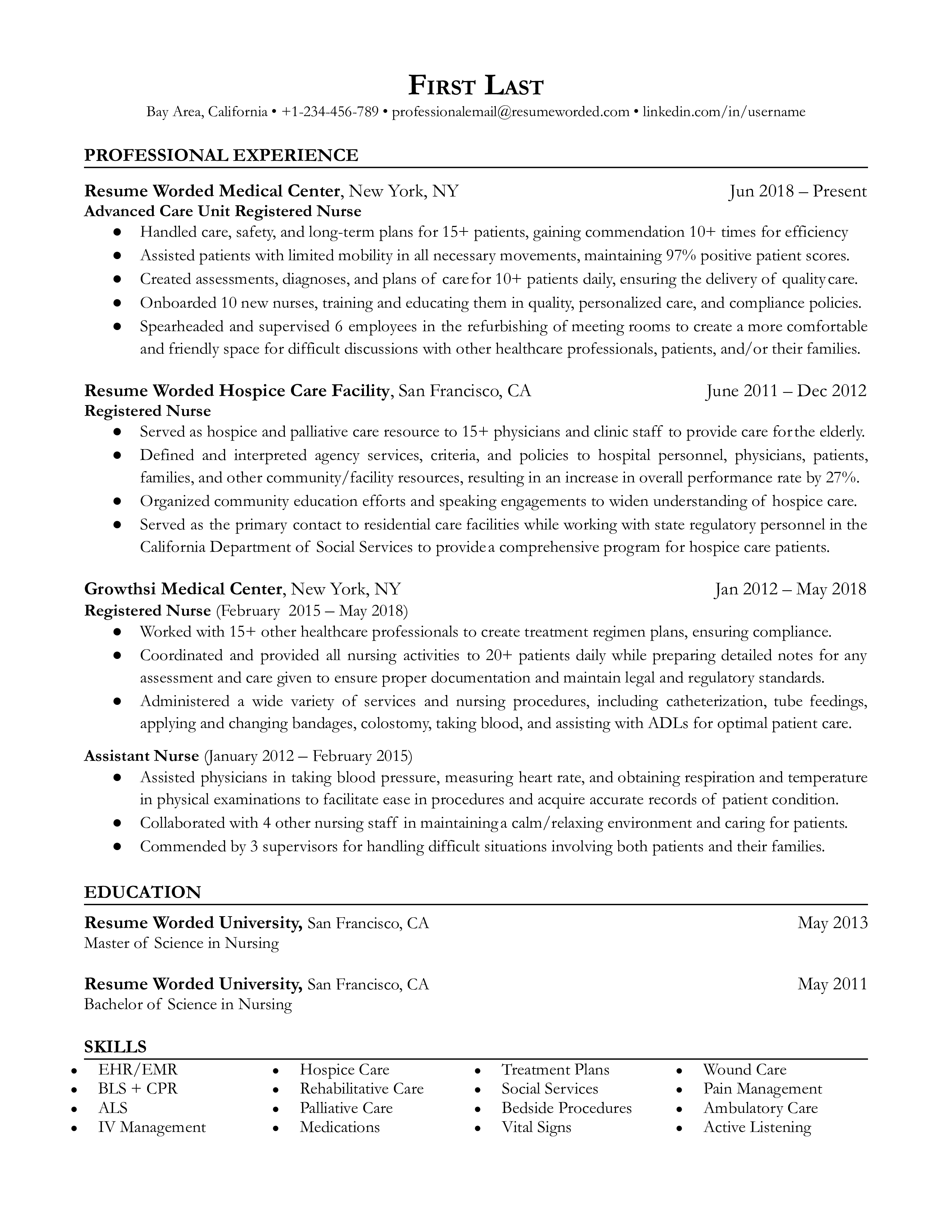 Resume For Nursing Care