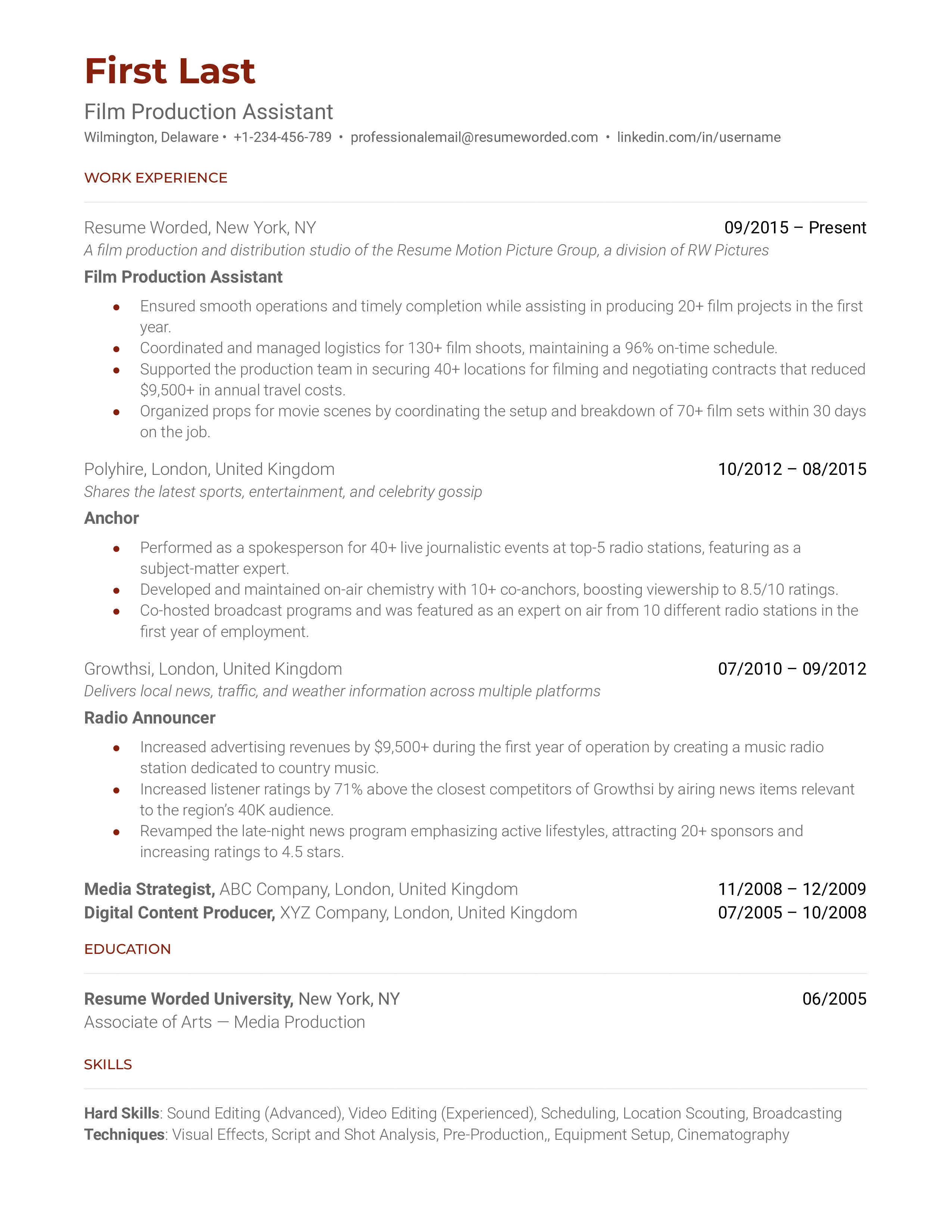 Film Resume Template Film Resume Template
