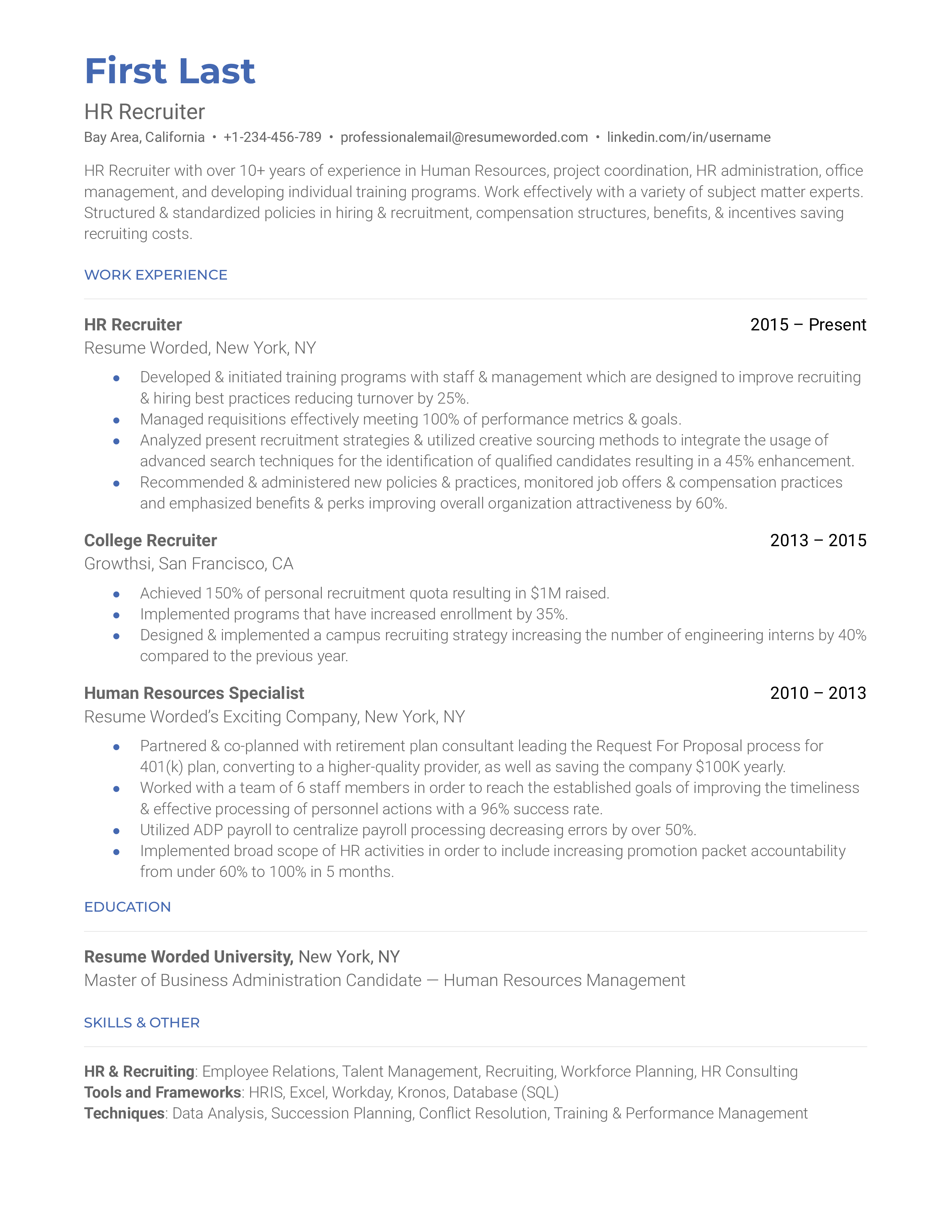 HR Recruiter Resume Examples For 2025 Resume Worded