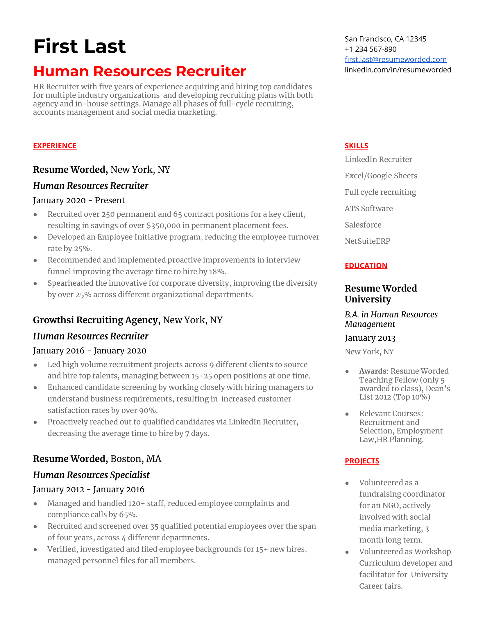 Human Resources (HR) Recruiter Resume Examples for 2025 | Resume Worded Human Resources (HR) Recruiter Resume Examples for 2025 | Resume Worded