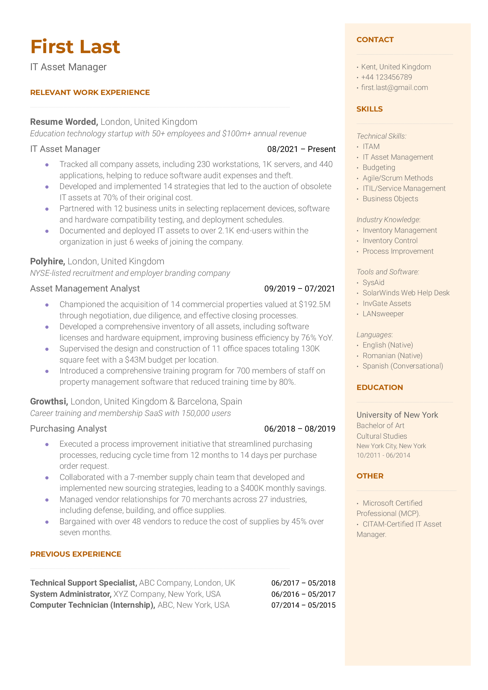IT Asset Manager Resume Example For 2023 Resume Worded