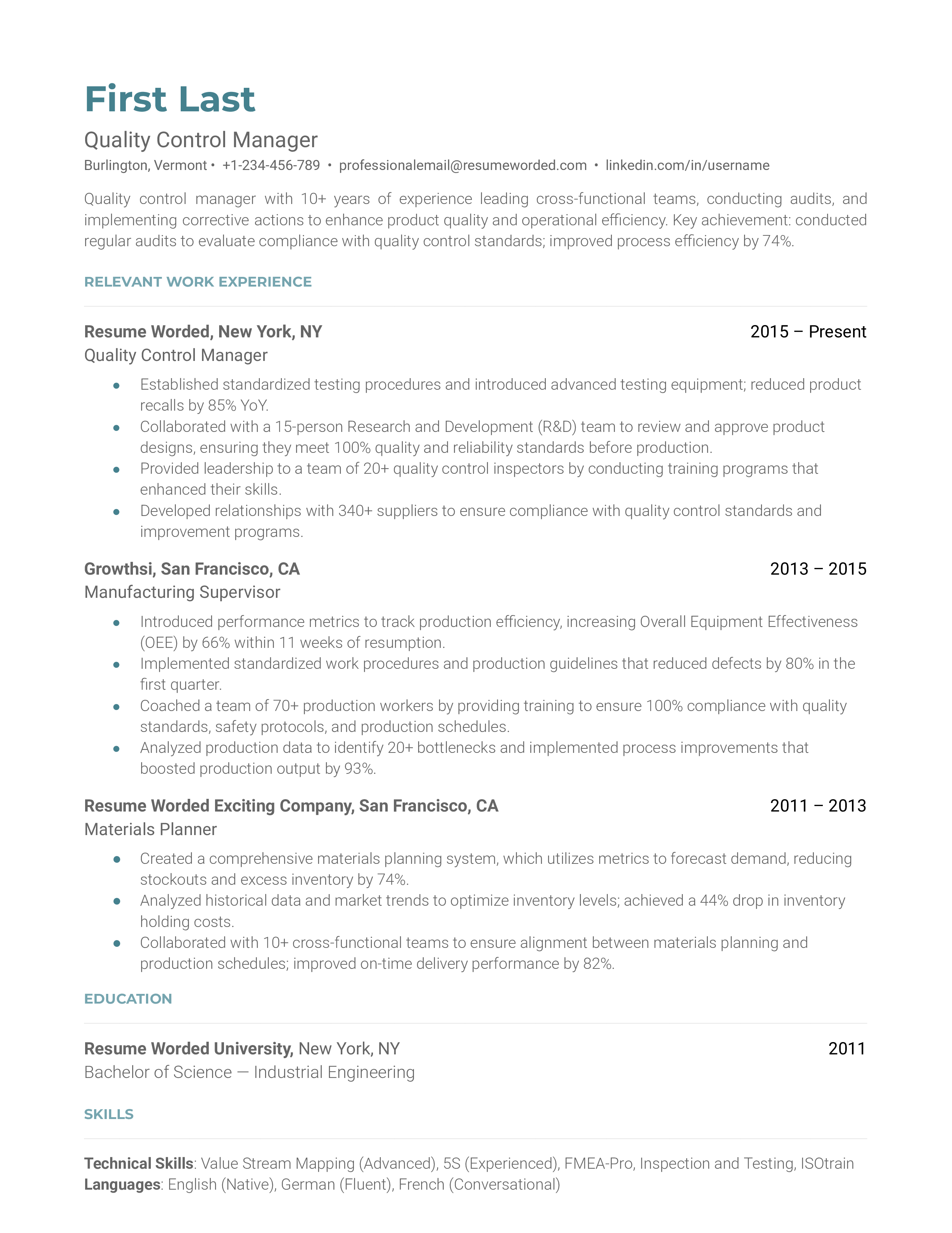 Quality Control Manager Resume Example For 2023 Resume Worded
