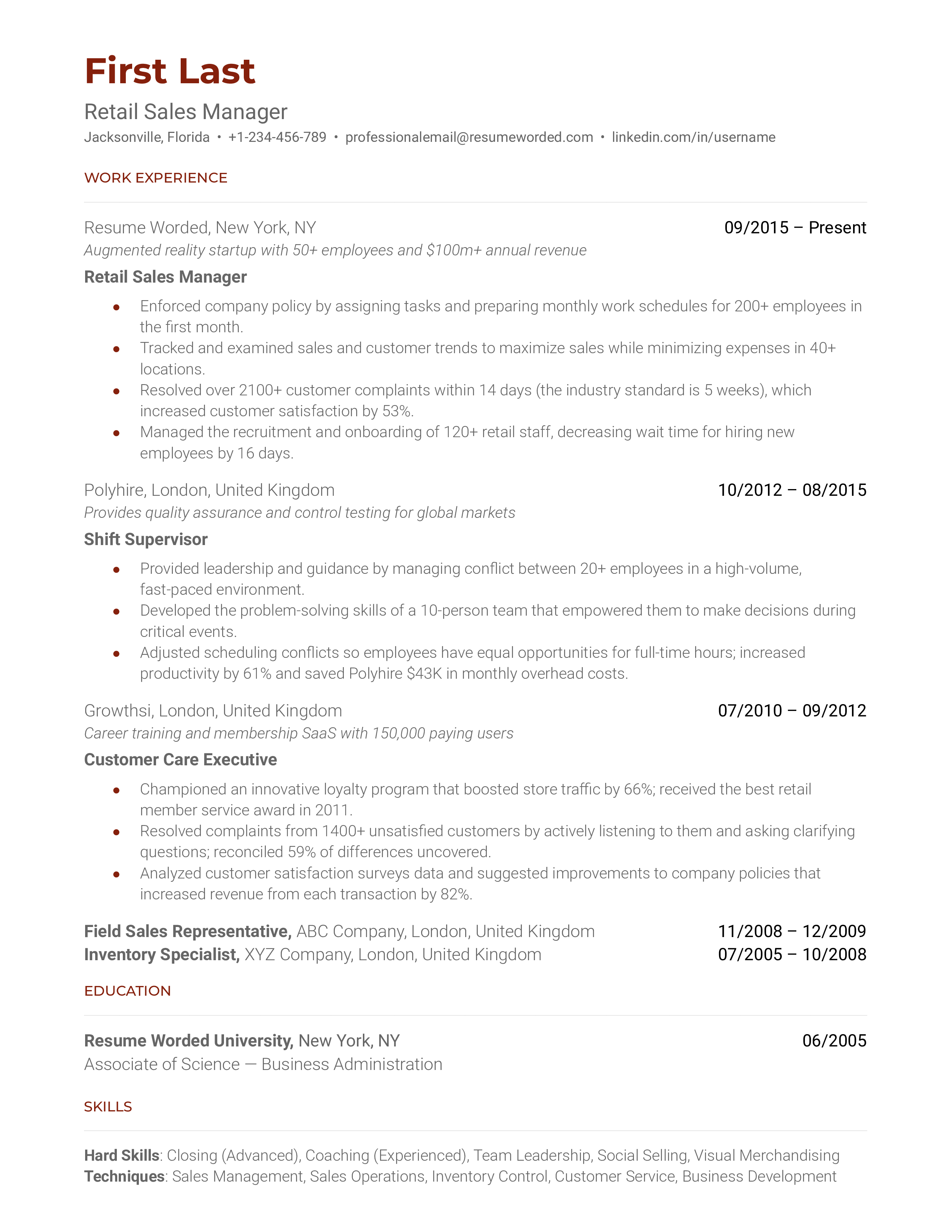 Retail Sales Manager Resume Examples
