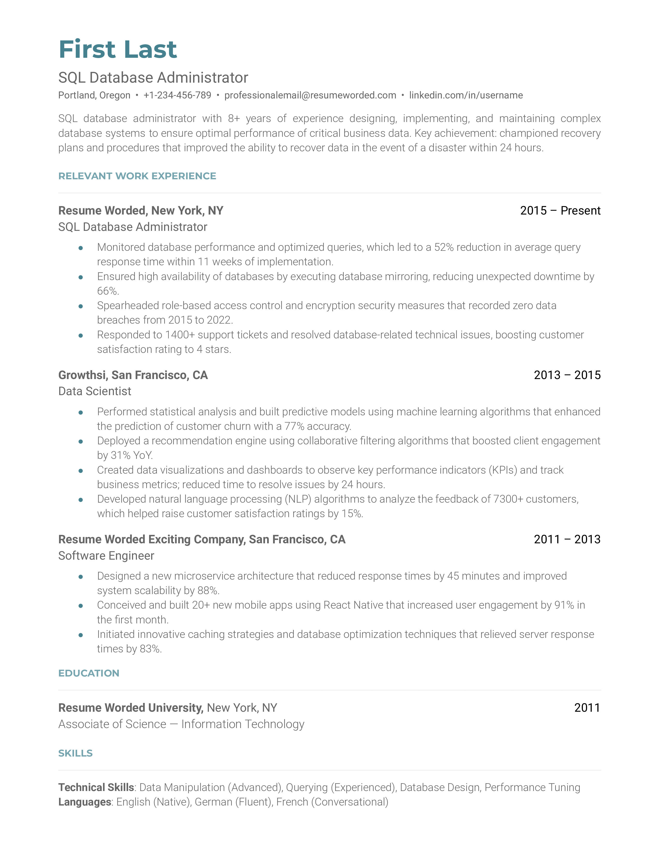SQL Database Administrator Resume Examples For 2023 Resume Worded