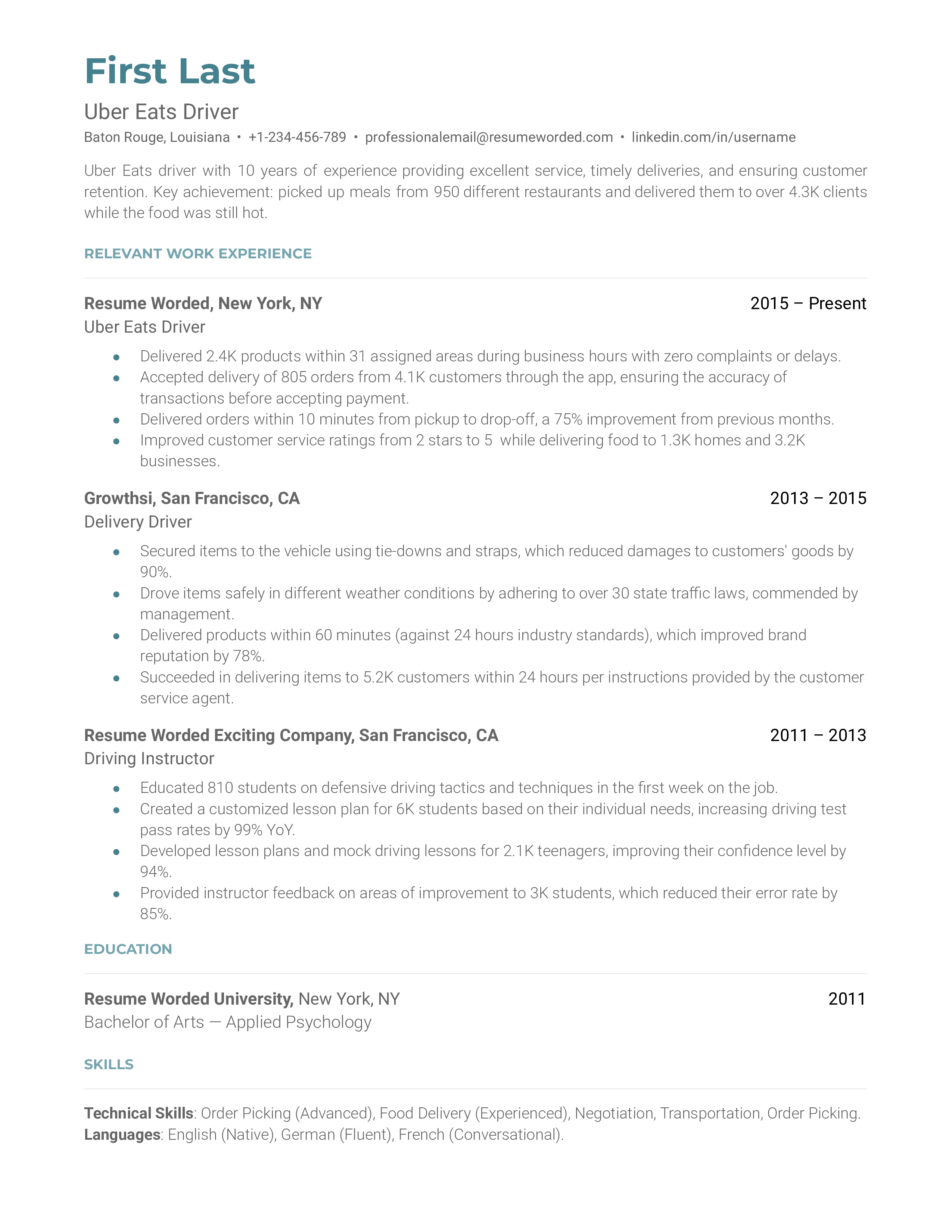 Uber Eats Driver Resume Example for 2023 | Resume Worded Uber Eats Driver Resume Example for 2023 | Resume Worded