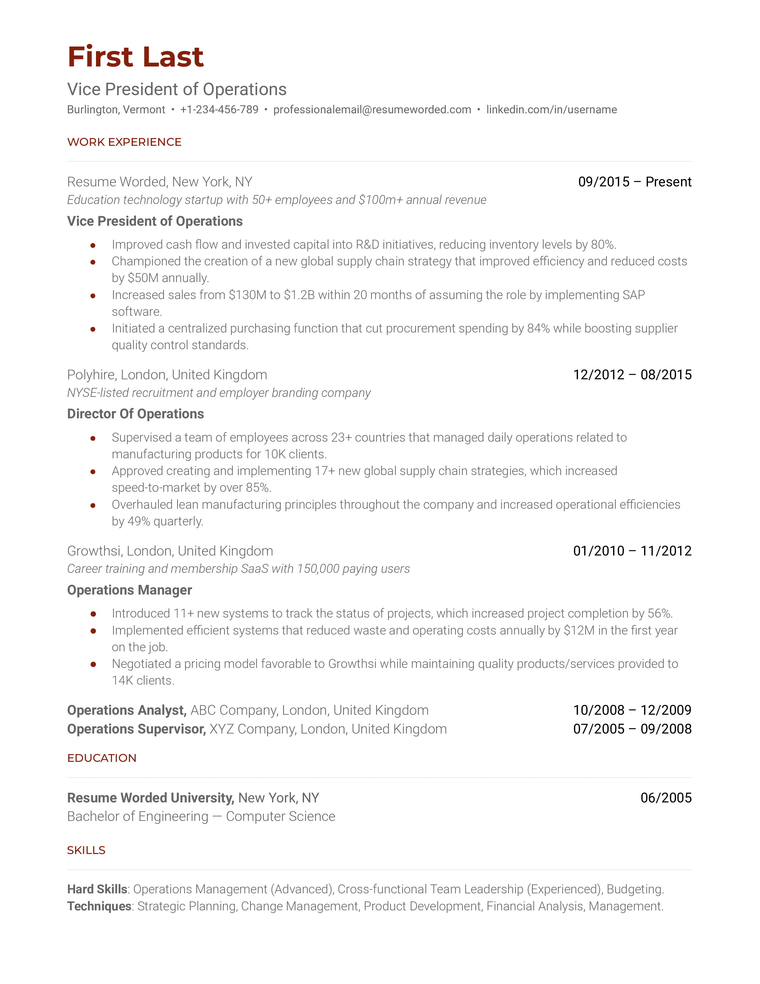 Vice President Of Operations CV Examples For 2023 Resume 53 OFF