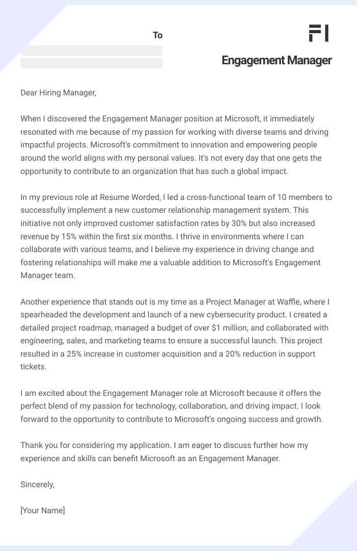 14 Engagement Manager Cover Letter Examples Plus Recruiter Insights